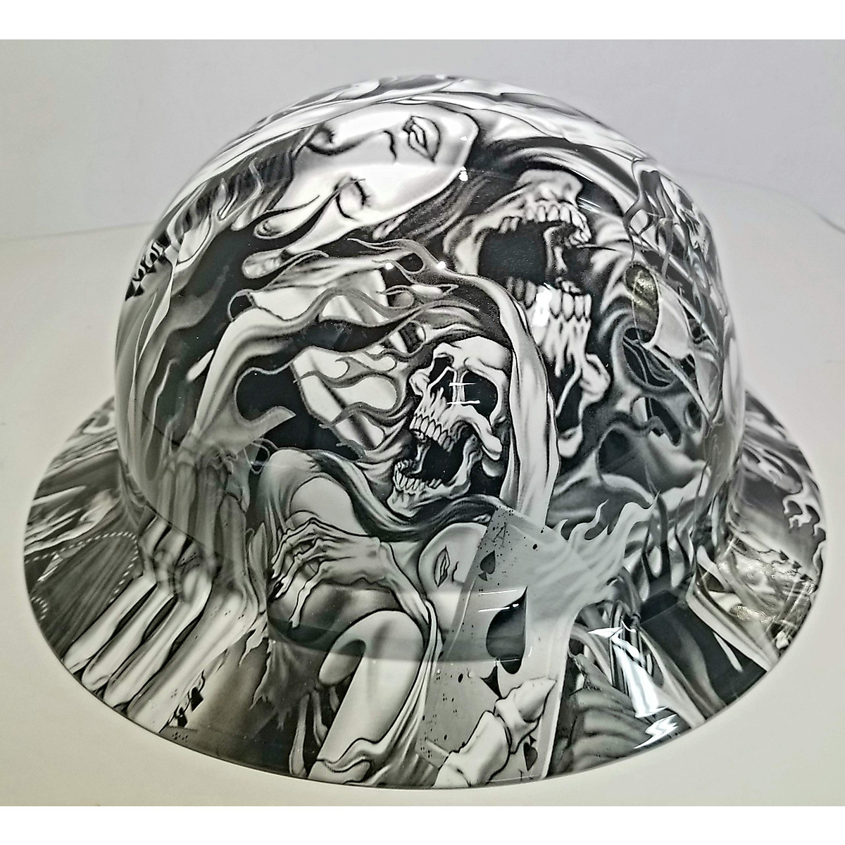 Wet Works Imaging Customized Pyramex Full Brim Hydro Dipped in White Soul Reaper Hard HAT with Ratcheting Suspension Custom LIDS Crazy Sick Construction PPE