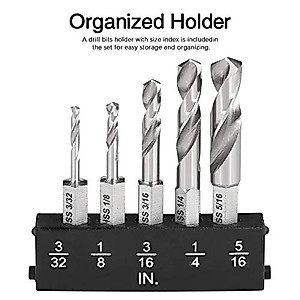 COMOWARE Stubby Drill Bit Set for Metal, 5pcs HSS M2 Short Length Drill Bit with 1/4-Inch Quick Change Hex Shank