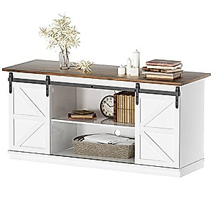 YESHOMY Farmhouse TV Stand for Televisions up to 65+ Inch with Sliding Barn Doors and Storage Cabinets, Entertainment Center Console Table, Media Furniture for Living Room, 58 Inch, White