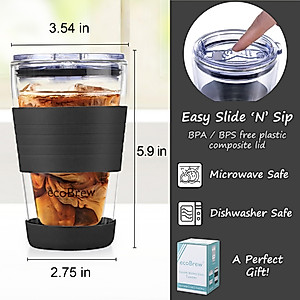 ecoBrew 12oz Double Wall Glass Tumbler with Lid, Dishwasher Safe & Microwavable Coffee Glass Travel Mug, Clear Reusable Coffee Cup To Go for Hot & Cold Drinks