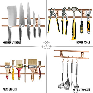 Zulay (12 Inch) Stainless Steel Magnetic Knife Holder For Wall - Powerful Knife Magnetic Strip With Extra Hanging Hooks - Wall Mount Magnetic Knife Strip & Organizer For Kitchen & Tools (Copper)