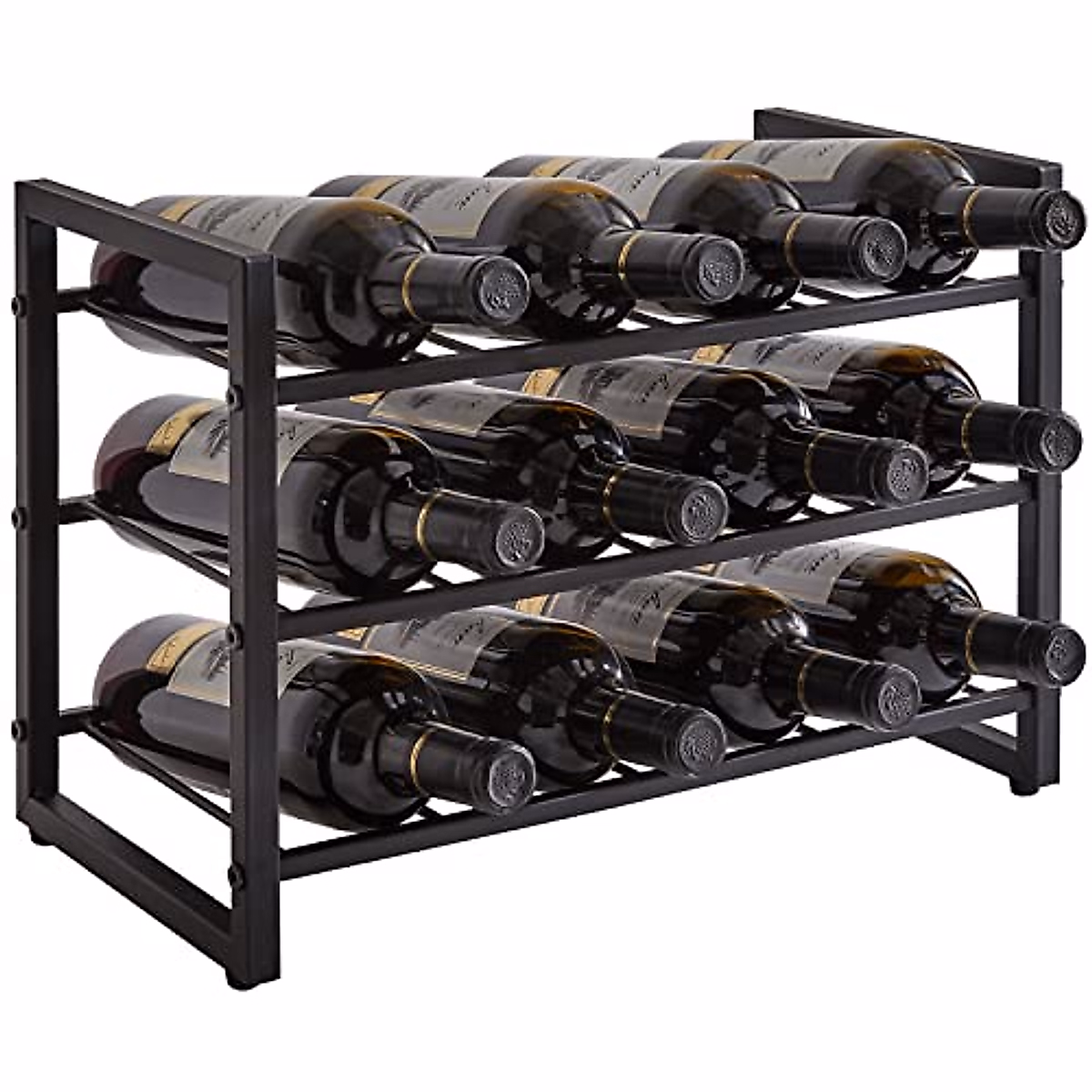 IBUYKE Wine Rack, Stackable Wine Storage Shelf, Liquor Bottle Holders, 3 Tier for 12 Bottles, Inserts for Cabinet, Countertop, Pantry, Bar, Small Space, Study Steel Water Bottle Organizer TMJ906H