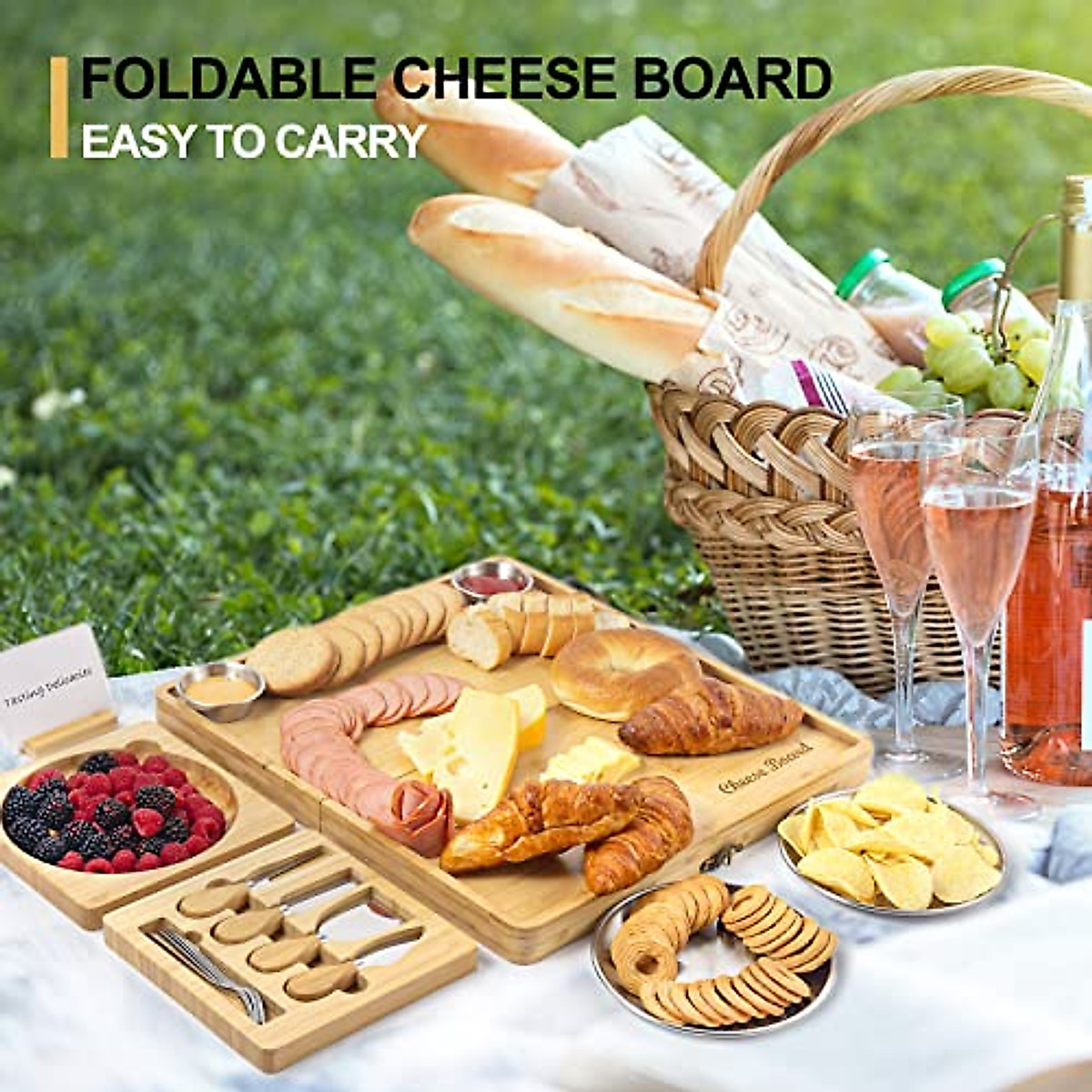 SunClenase Foldable Charcuterie Boards Gift Set - Bamboo Cheese Board and Knife Set - Large Charcuterie Board Set- Perfect Housewarming & Wedding Gifts