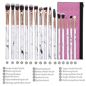 Eye Makeup Brushes DUAIU 16Pcs Eyeshadow brushes Eyebrow Eyeliner Blending Brush Premium Synthetic & Marble Handle Brushes sets with Pink Cosmetic Bag