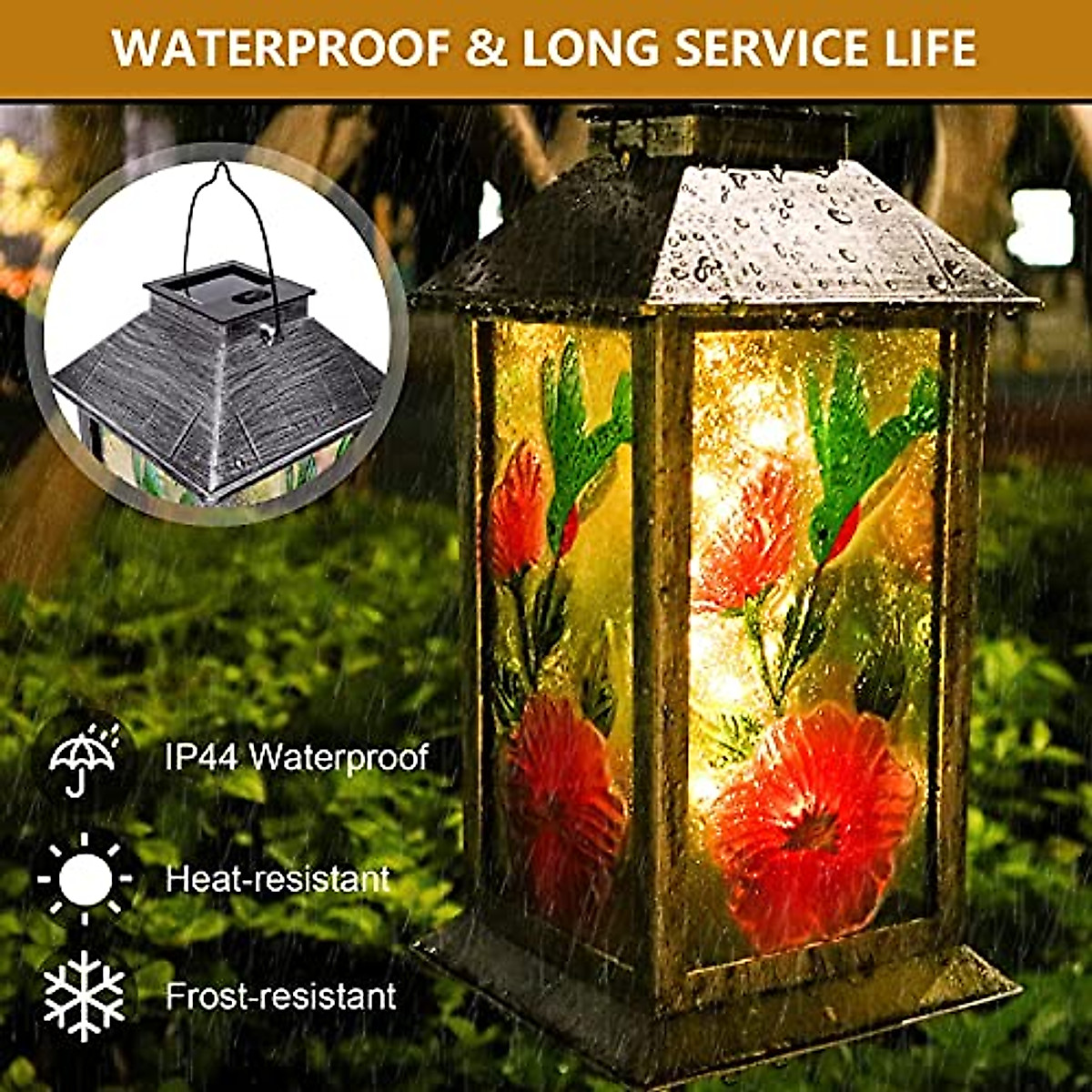 Solar Hummingbird Lantern Waterproof Outdoor Hanging Glass Lantern Decorative Tabletop Lamp Metal LED Lights for Garden Patio Porch Holiday Party Yard Table Pathway Walkway Holiday Decor Gifts (1pack)