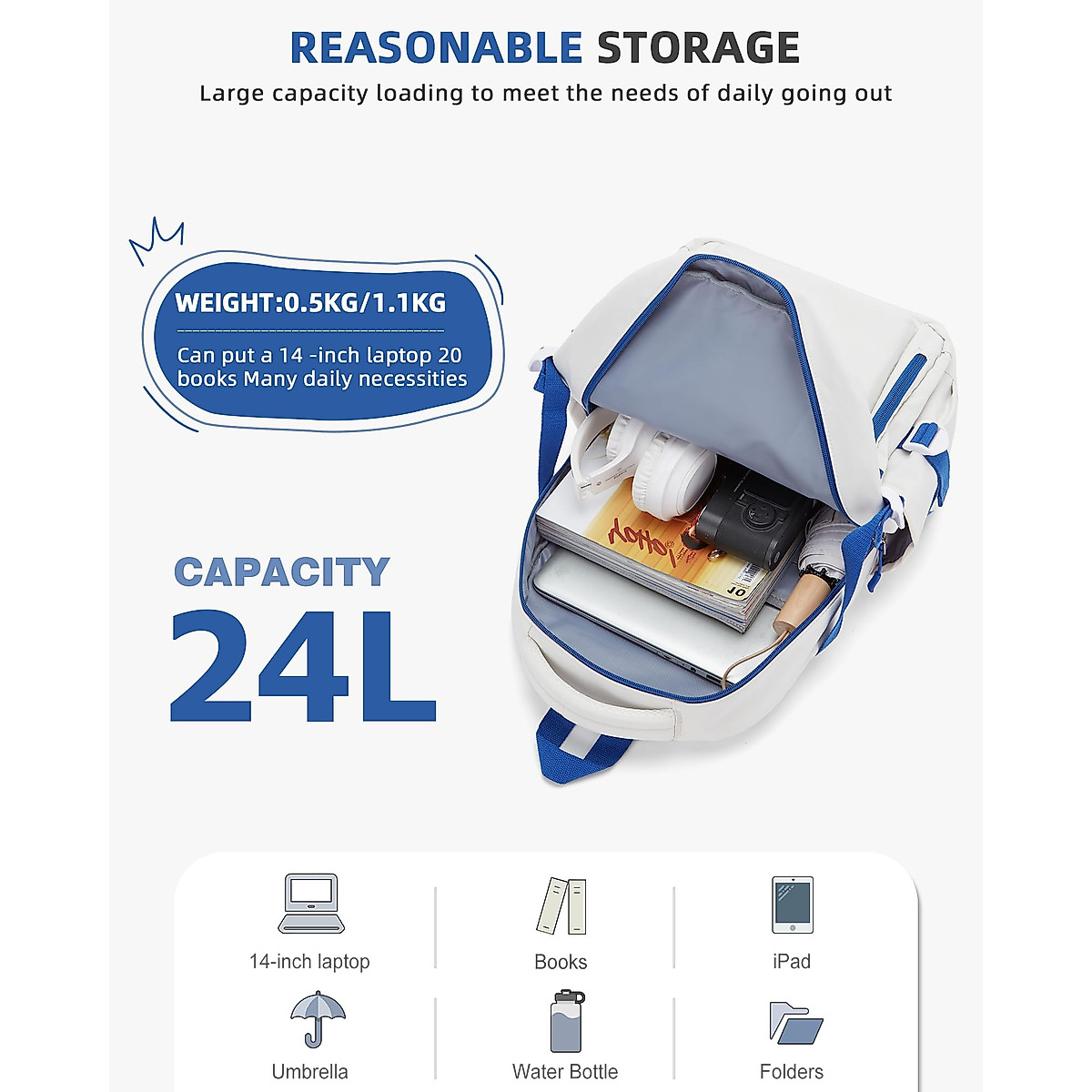 BOXSAM Lightweight Backpack for Women, Large Laptop Travel Backpack Casual Daypack College Bag Rucksack for Men. White