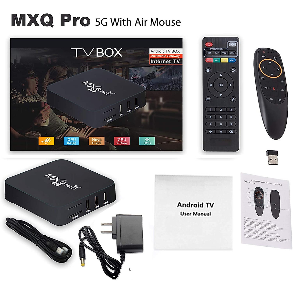 MXQ Pro 5G with Air Mouse & Voice Control 2024 Upgraded Android 13.1 Version Ram 2GB ROM 16GB TV Box H.265 HD 3D Dual WiFi 2.4G/5.8G Quad Core Android Smart TV Box