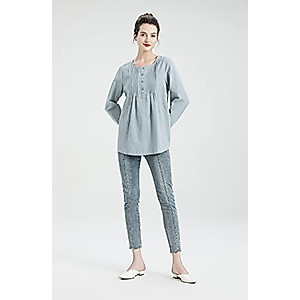 Minibee Women's Scoop Neck Pleated Blouse Solid Color Lovely Button Tunic Shirt White M