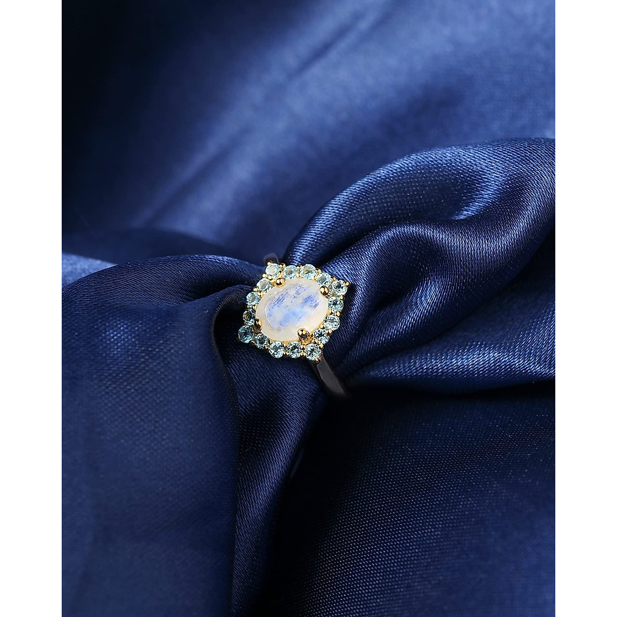 YoTreasure 2.01 Ct. Moonstone Blue Topaz 925 Sterling Silver Gold Plated Promise Ring