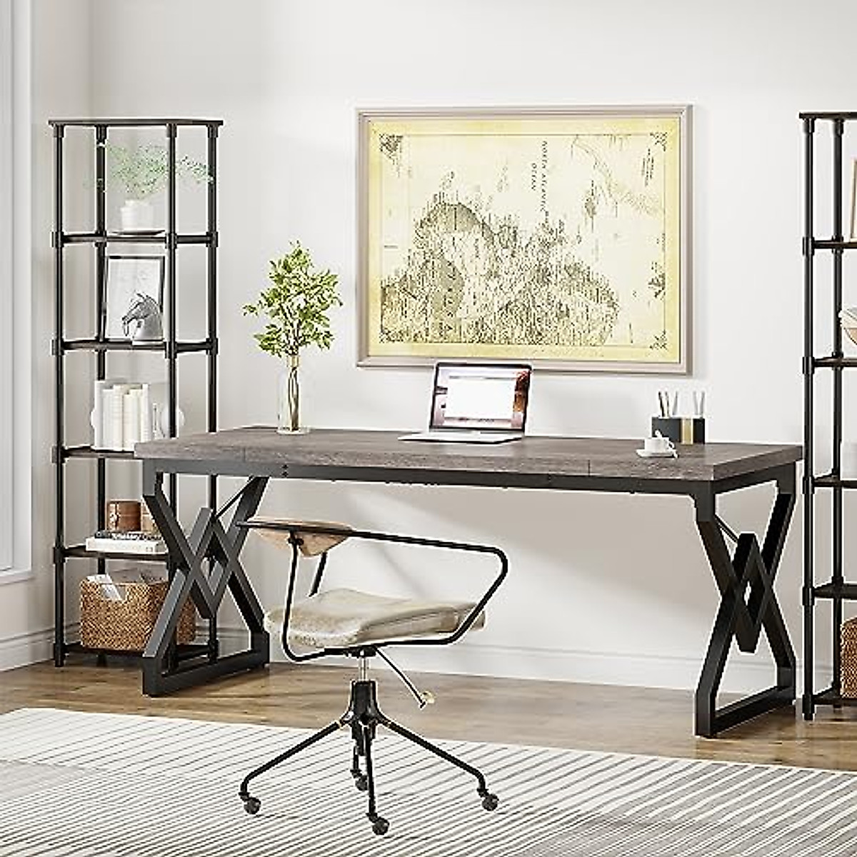 LITTLE TREE 63" W Executive Desk, Extra Sturdy Thickened Wooden Workstation Study Desk Computer Desk Large Home Office Writing Desk for Home Office