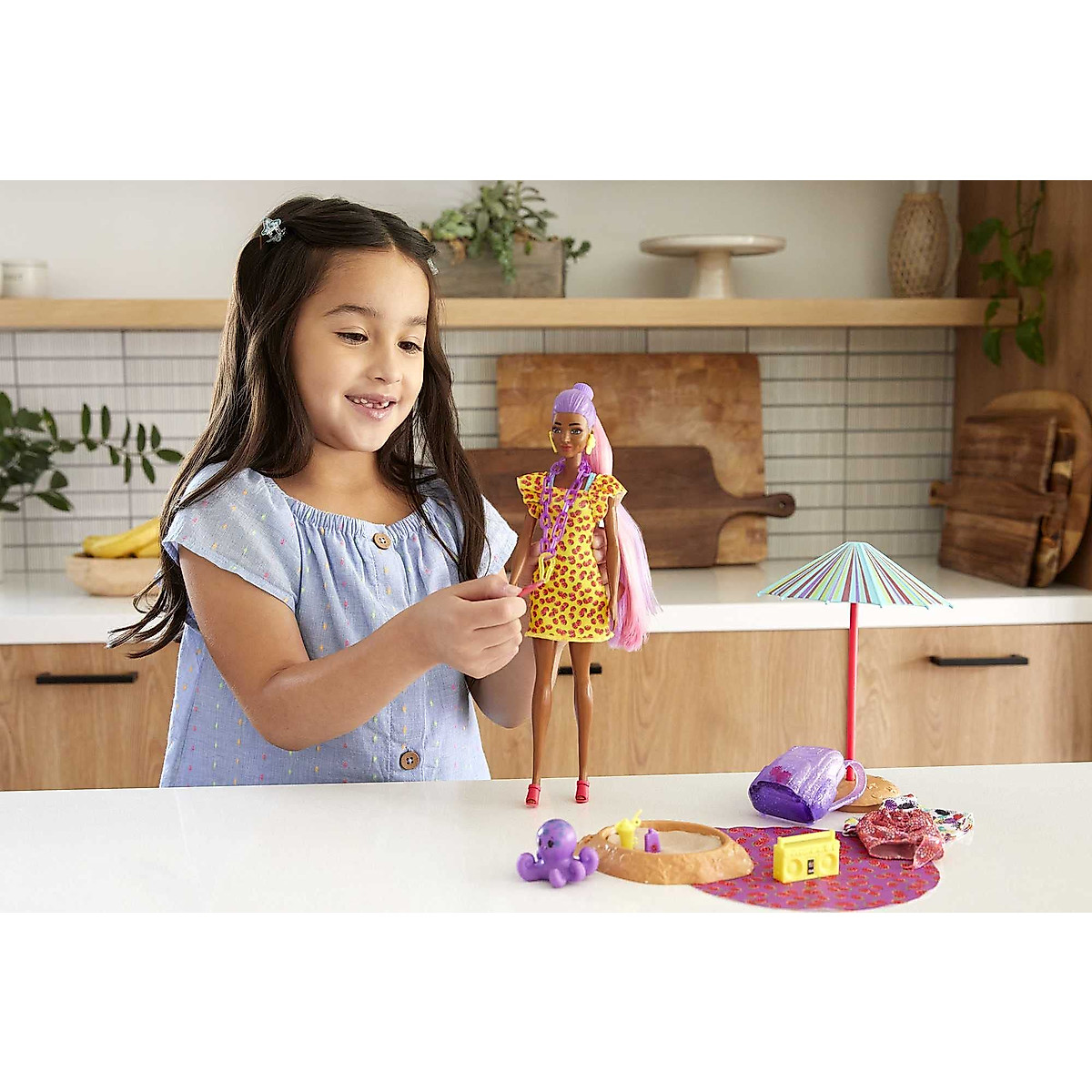 Barbie Color Reveal Foam! Doll & Pet Friend with 25 Surprises: Scented Bubble Solution, Outfits, Hair Extension, Accessories, Kid Bracelet & Charm Hidden in Sand; Sunny Strawberry-Theme