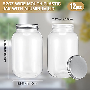 Dandat 12 Pcs 32 oz Clear Plastic Jars with Metal Lids 1 Quart Size Wide Mouth Candy Storage Food Containers for Home Meal Preparation, Salad, Fermenting, Valentine DIY Decoration Favors