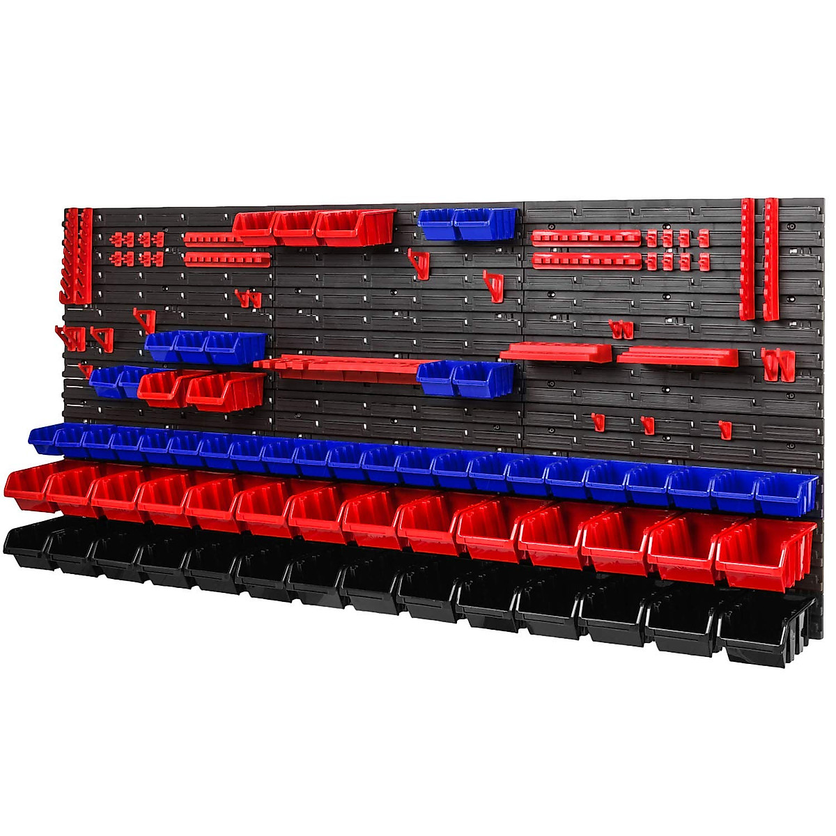PAFEN Schüttenrega Storage System Workshop Shelving 1728 x 780 mm Wall Shelf with Tool Holder and 64 Stacking Boxes Wall Plates (Red/Blue/Black)