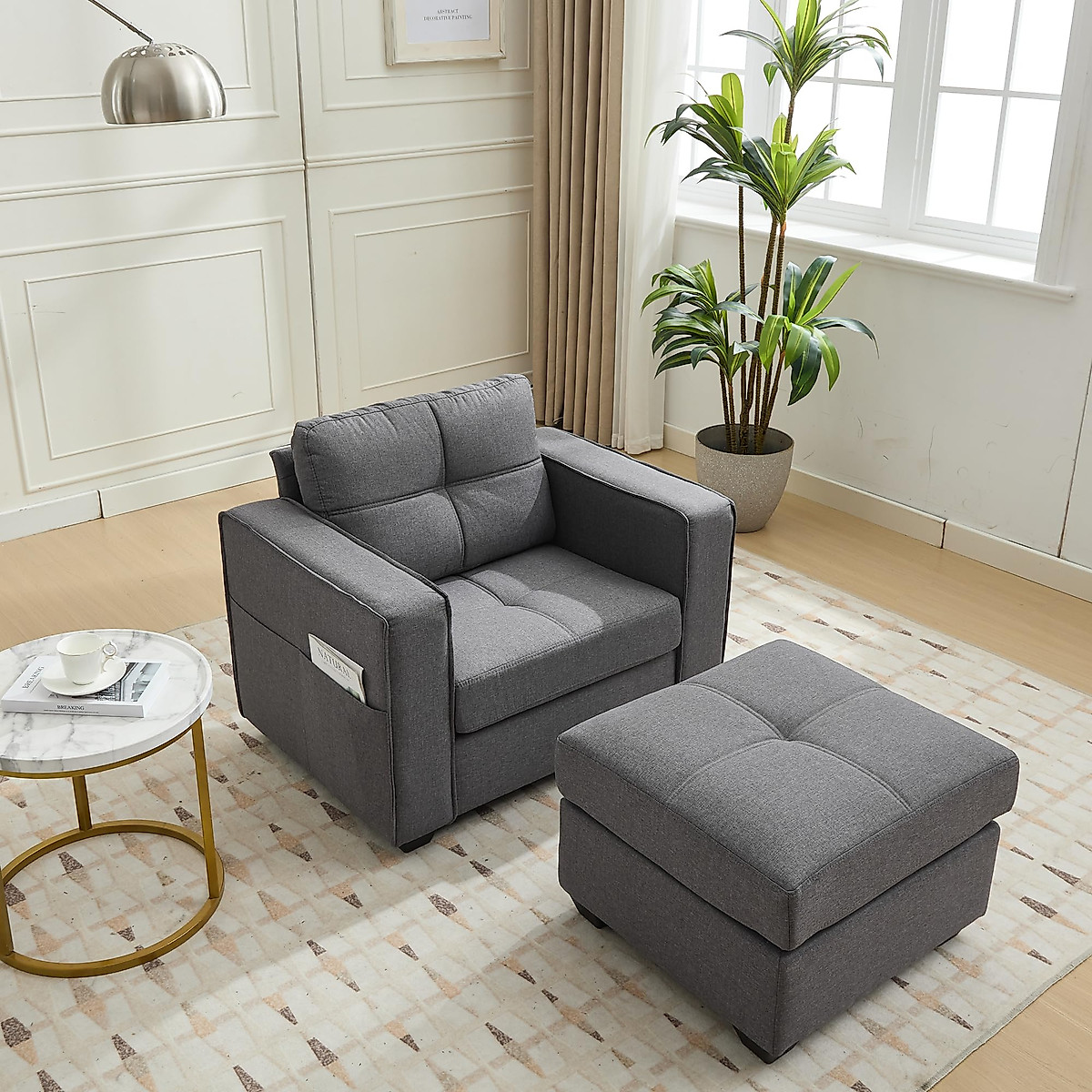 TYBOATLE Accent Chair, 38.58" W Mid-Century Modern Linen Fabric Tufted Living Room Chair, Comfy Upholstered Reading Club Arm Chairs for Living Room, Bedroom, Office (Dark Grey)