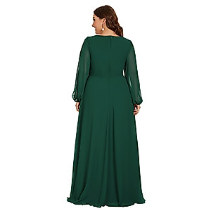 Ever-Pretty Plus Womens Floor-Length Plus Size A-line Ruched Dance Dress with Sleeves Green US18