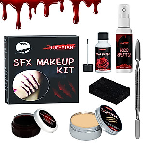 Halloween SFX Makeup Kit Scars Wax, 2.1Oz Fake Blood Spray, 1.67Oz Fake Wound Modeling Skin Wax with Spatula, Black Stipple Sponge, 1.06Oz Scab Coagulated Blood Gel, 5ml Fake Blood Cream