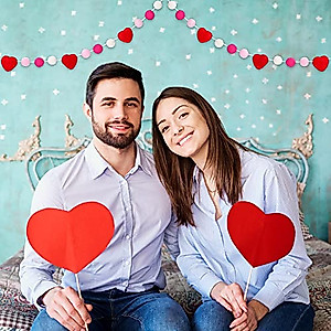 Whaline Valentine's Day Wool Felt Pom Pom Banner Romantic Red Heart Felt Garland Rose Red Pink White Pom Ball Hanging Bunting Garland for Wedding Anniversary Home Wall Decor Party Supplies, 5.9Ft
