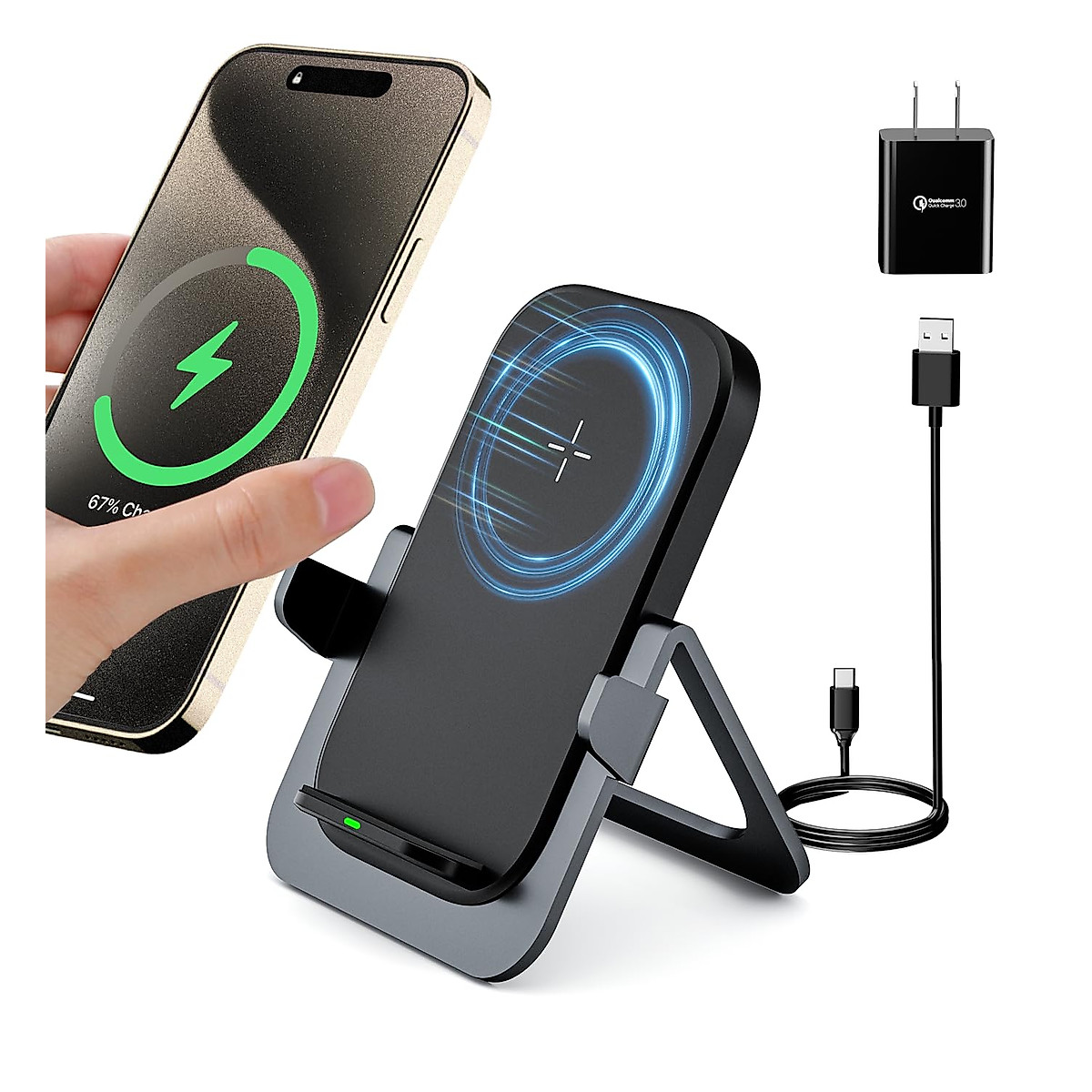 KPON Wireless Charging Stand,15W Fast Wireless Phone Charger for Thick Cases,Compatible with iPhone 15 14 13 12 11Pro Max/XR/XS Max/XS/X/8/8Plus Galaxy S22/S21/S9/S8(with QC Adapter)