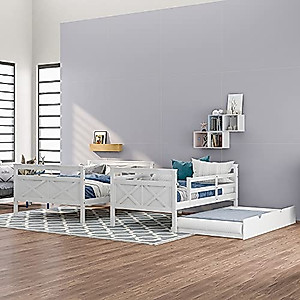 TARTOP Twin Over Full Bunk Bed with Trundle, Solid Wood Bunk Bed Frame with Ladder and Safety Guardrail, for Kids Teens Adults,No Spring Box Needed,White