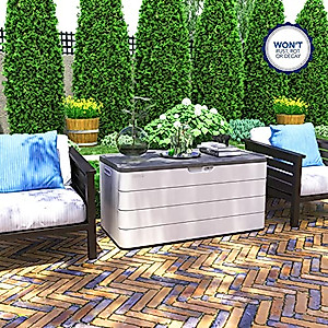 ADDOK Large Resin Deck Box Lockable, Outdoor Garden Storage Box Waterproof, Elegant Storage Bench for Cushions, Garden Tools and Pool Toys (85 gallon box)