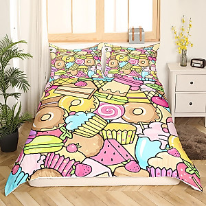 Feelyou Cartoon Ice Cream Duvet Cover Donut Cupcake Bedding Set for Kids Boys Girls Delicious Desert Comforter Cover Girls Sweets Bed Set 1 Duvet Cover with 1 Pillowcase Twin Size (No Comforter)