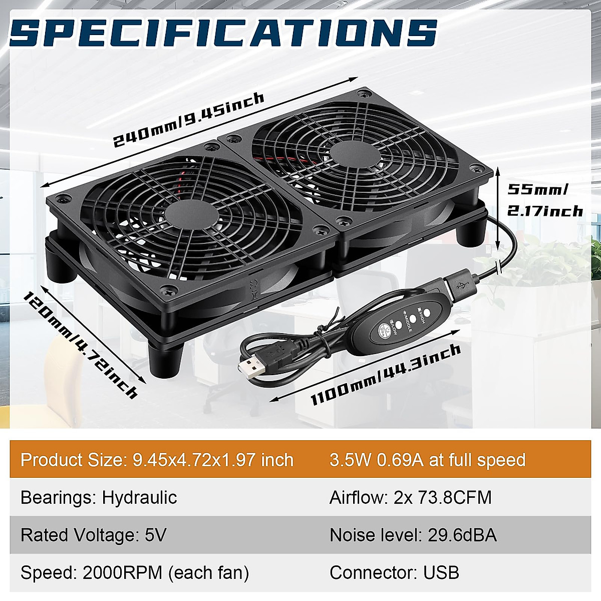 WDERAIR 240mm Computer Pc Case 5V USB Powered Fan with Variable Speed Controller for Router Wifi Modem Cabinet Xbox DVR Playstation Receiver Cooling