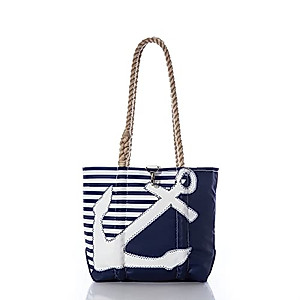 Sea Bags Recycled Sail Cloth Breton Stripe White Anchor Handbag Shoulder Bag, Small Tote Bag Rope Handles, Clasp Closure Rope Handles