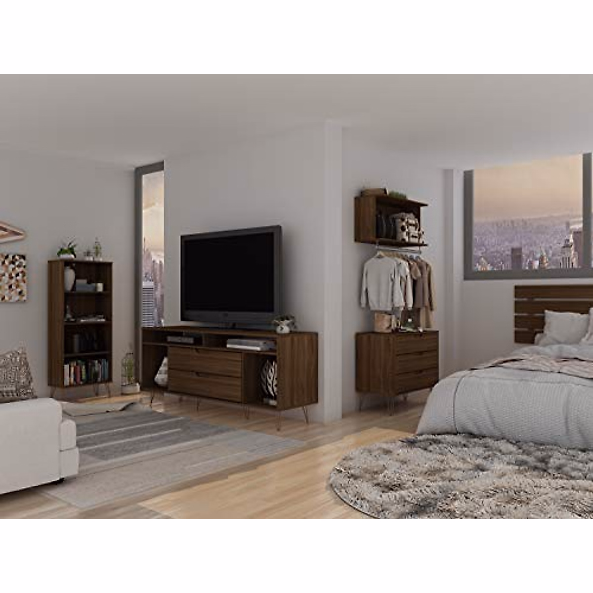 Manhattan Comfort Rockefeller Mid Century Modern 4 Shelves Home Office Bookcase with Metal Legs, 21.26", Brown