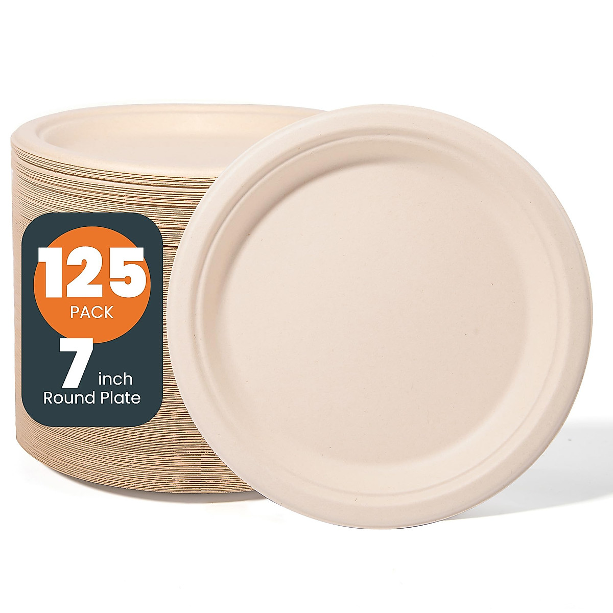 hooray mida 100% Compostable Plates, Disposable Paper Plates 125-Count - Heavy Duty, Biodegradable Plates Made of Bagasse - Eco Friendly and Sustainable (Natural, 7 inch)