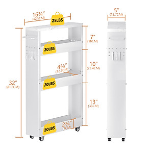 CHLORYARD Slim Storage Cart, 4-Tier Kitchen Rolling Cart Narrow Storage Cabinet with Handle & Wheels, Metal Rolling Shelf Unit for Kitchen Bathroom Laundry Small Places(5 in Width/White)