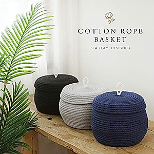 Sea Team Round Cotton Rope Storage Basket with Lid, Decorative Woven Storage Bin, Pot, Caddy, Organizer, Container for Snacks, Towels, Plants, 10 x 7.5 Inches (Small, Dark Blue)