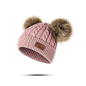 Infant Toddler Baby Knitting Woolen Hat Warm Winter Pure Color Double Pom Pom Boys Girls Beanie Cap (1-3 Years Old, A-Dark Pink)