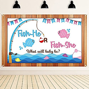 Gone Fishing Gender Reveal Poster Photo Backdrop,Fish She or Fish He Gender Reveal for Baby Boy or Girl Sign Baby Shower Decoration of Gender Reveal Backdrop