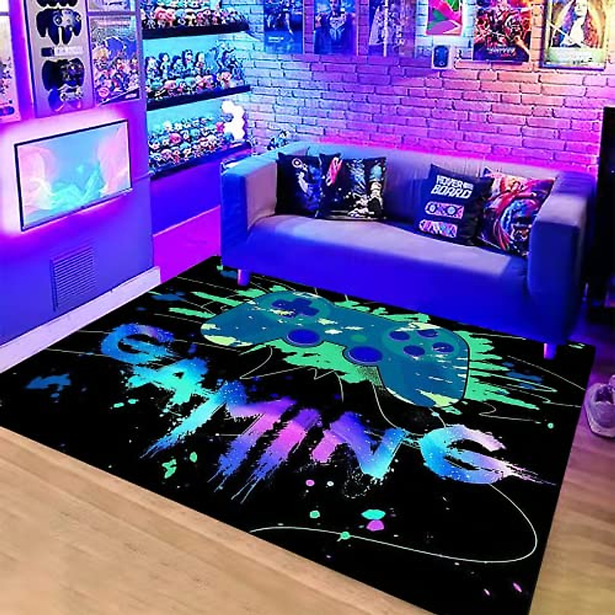LUCKY&DONG Anime Gamer Rugs for Bedroom Boys Teens Printed Game Gamepad Carpets Living Room Mat Home Decor Non-Slip Crystal Floor Polyester Gamer Decor Doormats 17.5x31.5in