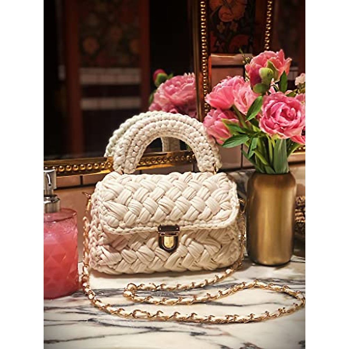 Trendy Summer Woven Crossbody Bag for Women- handmade to wear as Clutch, Top Handle, or shoulder strap for an everyday purse (Cream)