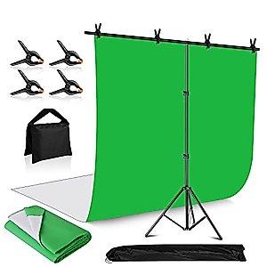 MSKIRA White Green Screen Backdrop with Stand 6.5x6.5ft Portable T-Shape Photo Backdrop Stand with 2-in-1 6x10ft Reversible White & Green Background Screen, 4 Spring Clamps, Sandbag, Carry Bag