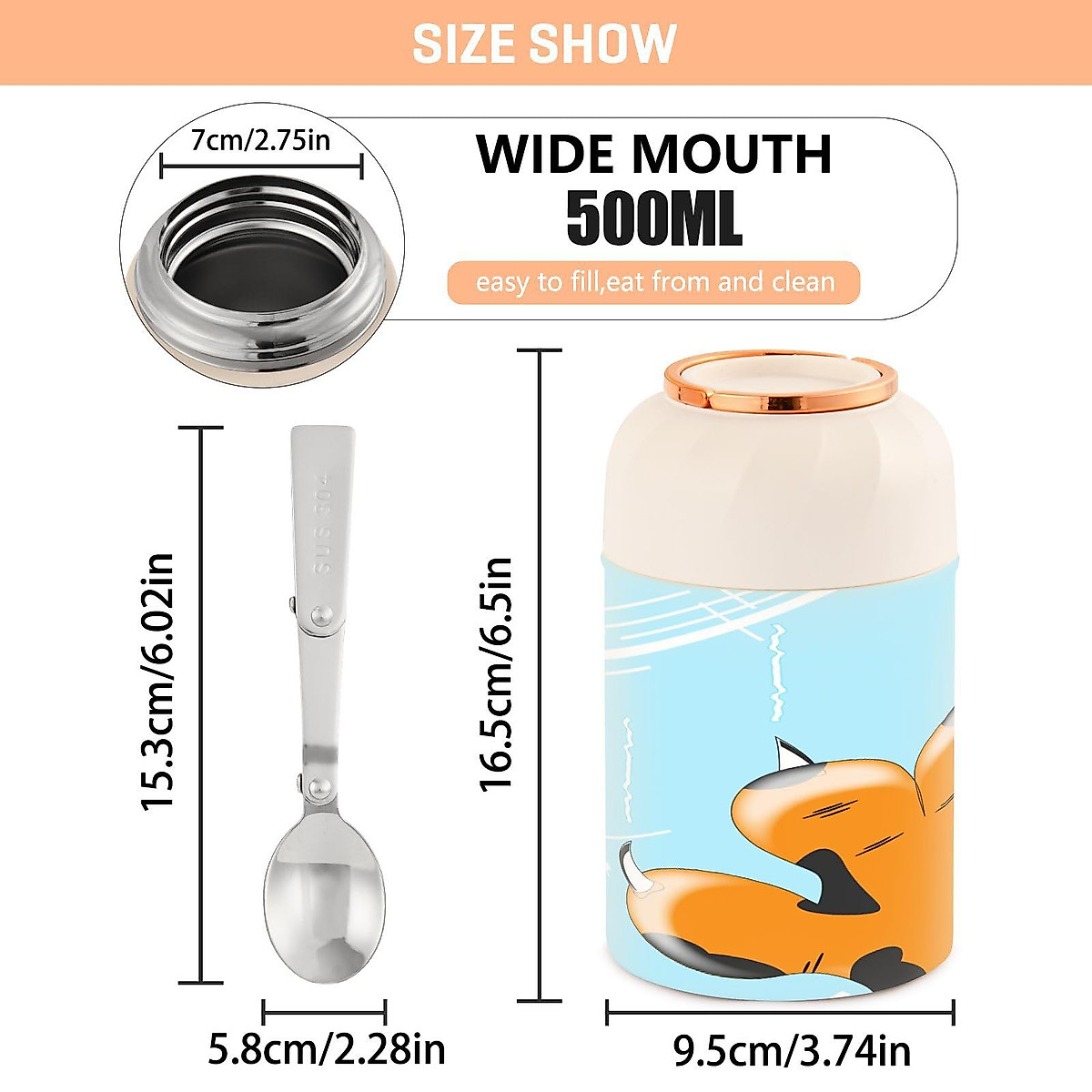 CUPADA Tiger Paw Food Jar for Hot and Cold, Cartoon Glass Insulated Food Jars Vacuum 17OZ with Folding Spoon for Work Trip Picnic Camping