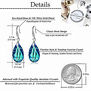 Austrian Crystal Teardrop Dangle Hook Earrings for Women 14K Gold Plated Hypoallergenic Jewelry (Bermuda Blue)