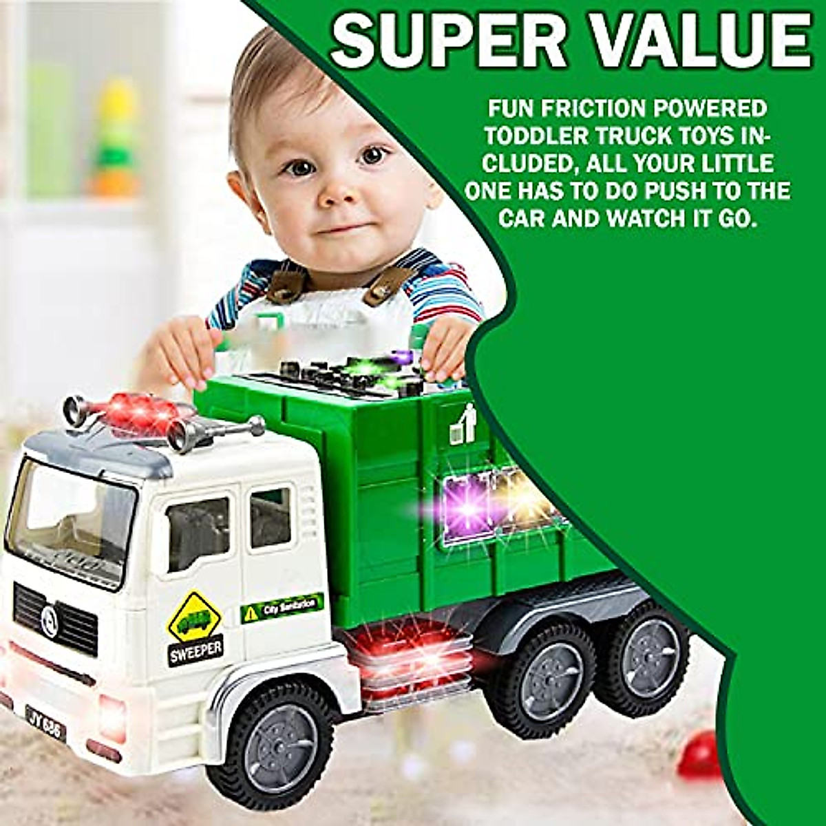 Toysery Bump n Go Garbage Truck Toy – Friction Powered Dump Truck with 4D Lights and Sounds, Waste Recycling Management Toys, Fun Gifts for Boys, Toddlers
