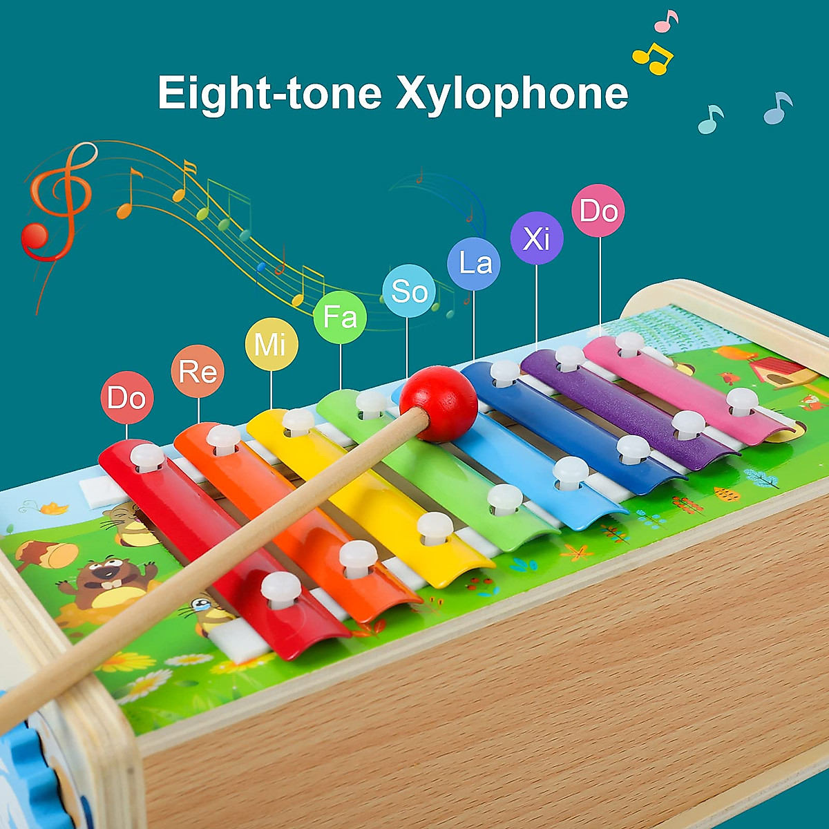 Rabing Wooden Pounding Bench ，8-in-1 Wooden Musical Hammer Toy with Xylophone ，Montessori Learning Toys with Wooden Hammer ，Wooden Activity Cubes,Music Education Puzzle Games Toys for Toddlers 1-3