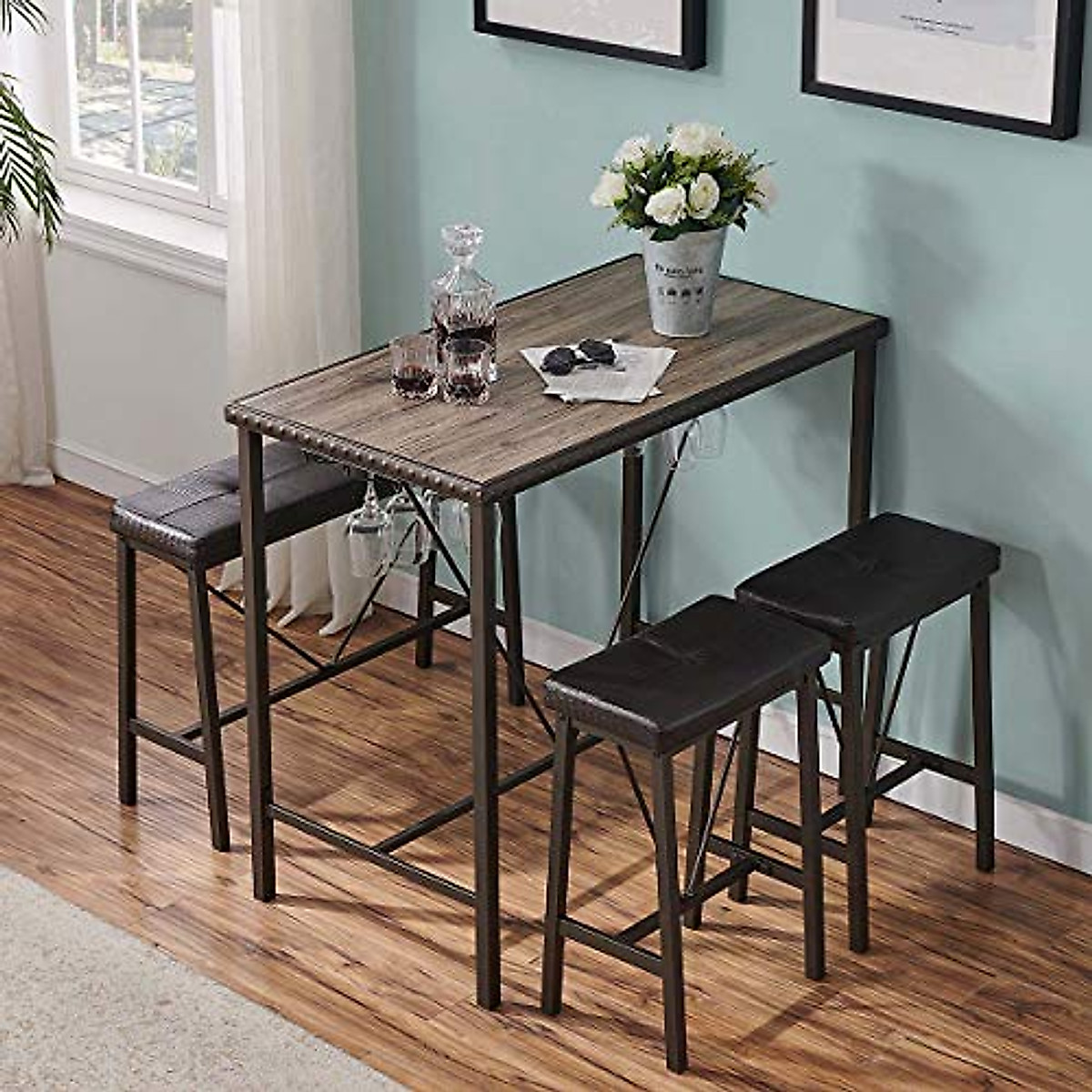 O&K FURNITURE Bar Table and Chairs Set of 4, Industrial Dining Table Set with Glass Holder, Kitchen Table with Upholstered Bench and Stools, Counter Height Pub Table Set for Small Space(Gray)
