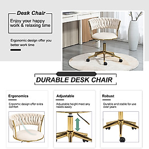 Goujxcy Velvet Swivel Chair, Velvet Desk Chair with Gold Base, Cute Makeup Vanity Chair for Women Girls, Woven Back Adjustable Armchair Task Computer Chair for Home Office Bedroom Living Room, Beige