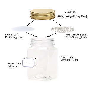 12oz Clear Plastic Jars with Colorful Metal Lid - BPA-Free Refillable Clear Square Cosmetic Container for Storage (6 Pack)