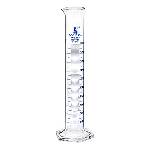 EISCO Graduated Cylinder, 500ml - Class A Tolerance ±2.50ml - Hexagonal Base - Blue Graduations - Borosilicate 3.3 Glass
