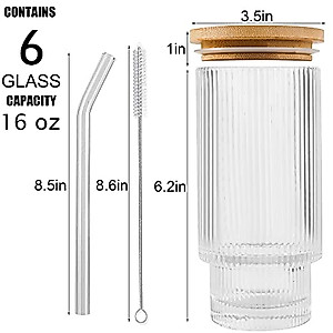 Rantonly 4Pack Ribbed Glass Cups 16oz with Bamboo Lids and Straws, Drinking Glasses Tumbler Cups-Reusable, Vintage Glass Cups, Elegant Ribbed Glassware for Beer Smoothie Whiskey
