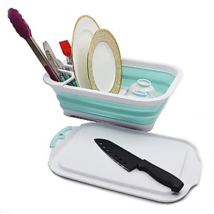 SAMMART 7.5L (2 Gallon) Collapsible Dish Drainer with Drainer Board - Foldable Drying Rack Set - Portable Dinnerware Organizer - Space Saving Kitchen Storage Tray (White/Lake Green, 1)