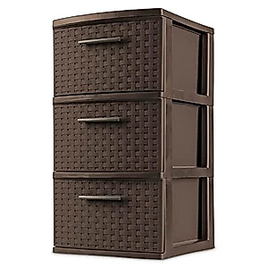 Sterilite 3 Drawer Wicker Weave Decorative Storage Organization Container Cabinet Tower with Driftwood Handles, Espresso (4 Pack)