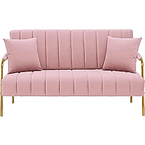 60" Contemporary Loveseat Sofa with 2 Pillows Modern Upholstered Twin Size Small Loveseat Couch Accent Sofa for Small Spaces Cashmere Sofa Couch with Golden Metal Legs for Bedroom Living Room (Pink)