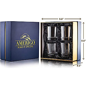 Amerigo Crystal Whiskey Glass Set of 4 in Luxury Gift Box - Heavy Base Old Fashioned Whiskey Glasses 12oz for Scotch - Whisky Gift for Men - Bourbon Glass Tumblers - Fathers Day Gift - Home Bar Set