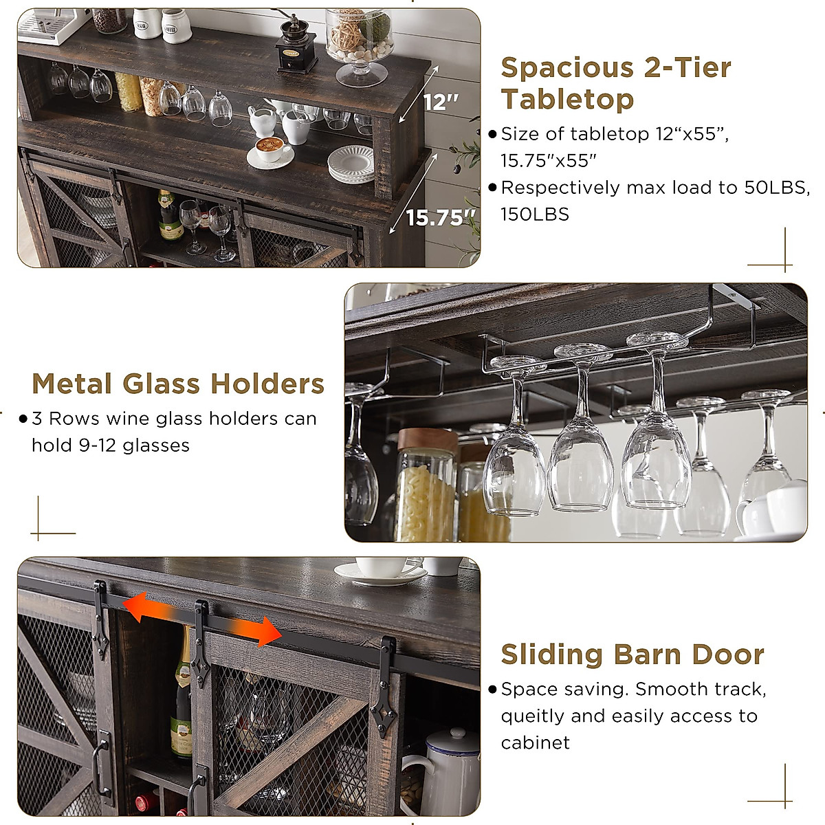 OKD Farmhouse Coffee Bar Cabinet with LED Lights, 55" Wine Bar Cabinet w/Sliding Barn Door & Wine and Glass Rack, Kitchen Buffet Cabinet w/Storage Shelves for Dining Room,Dark Rustic Oak